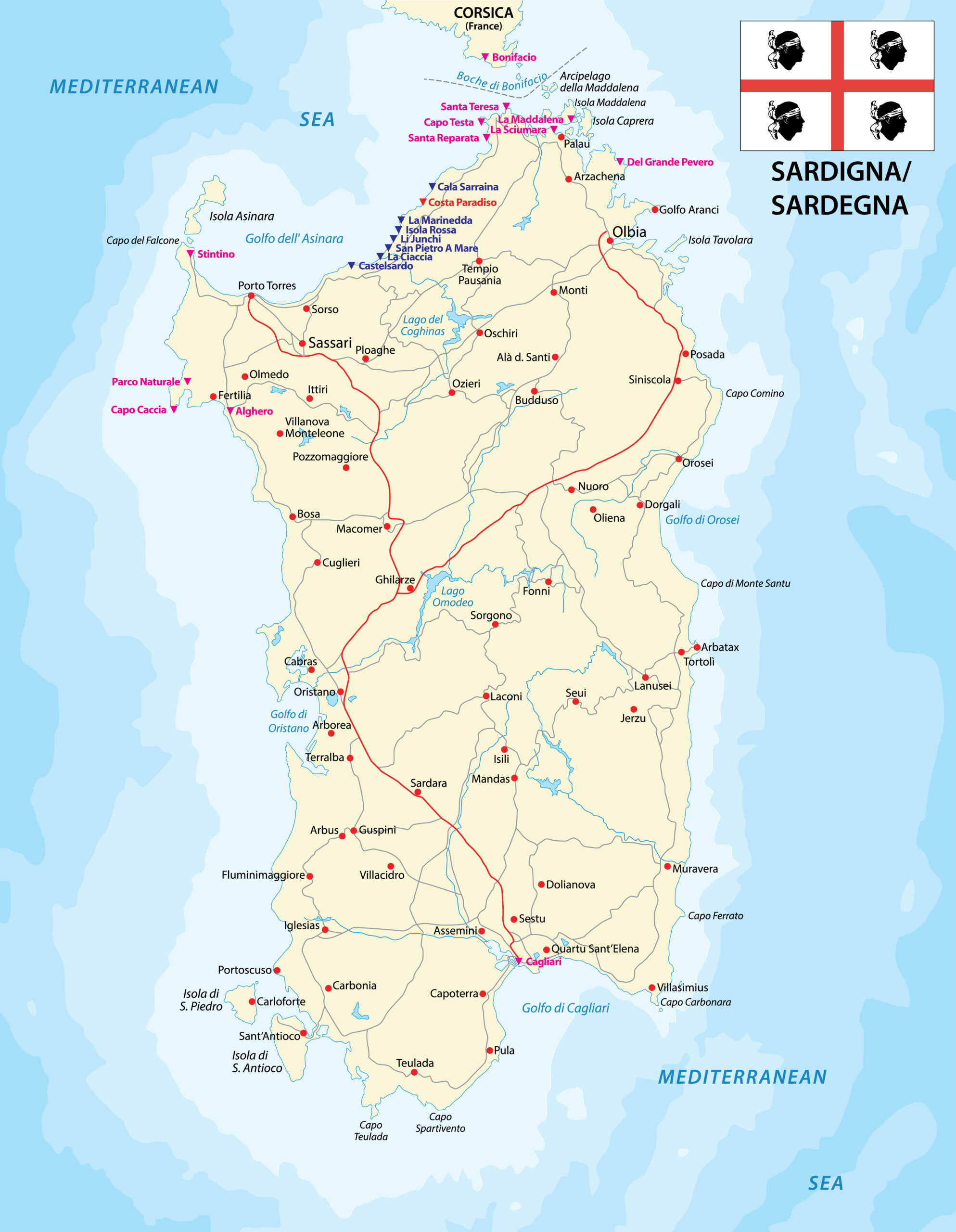 Mapa Sardínie | ubytovaniesardinia.sk
